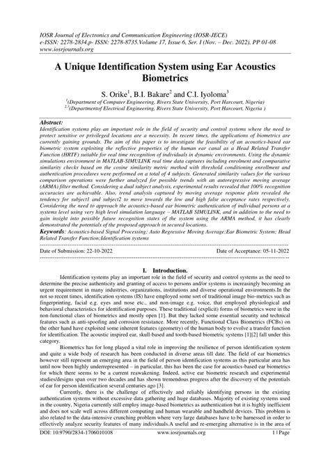 Pdf A Unique Identification System Using Ear Acoustics Biometrics
