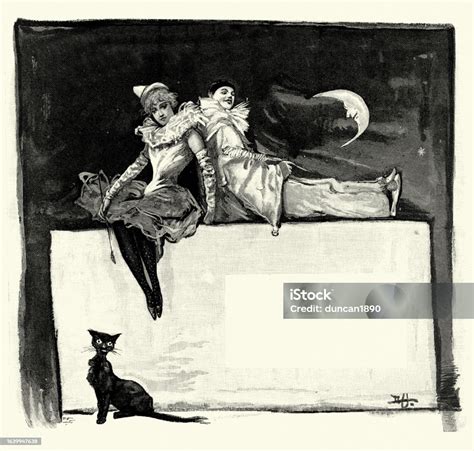 남성과 여성 광대 피에로 검은 고양이 빅토리아 시대 1890년대 19세기 어릿광대 서커스 공연자에 대한 스톡 벡터 아트 및 기타 이미지 어릿광대 서커스 공연자 고풍스런