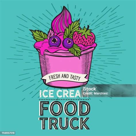 빈티지 배경에 음식 트럭에 대 한 아이스크림 그림 디저트 카페에 대 한 벡터 손으로 그린 젤라토 아이콘입니다 레터링으로 디자인 하 고 그래픽 과일과 과자 낙서 광고에 대한