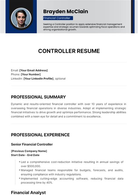 Free Controller Resume Template To Edit Online