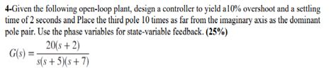 Solved Given The Following Open Loop Plant Design A Chegg