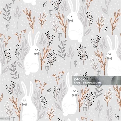 꽃 요소에 사랑스러운 토끼와 원활한 숲 패턴 직물 포장 섬유 벽지 의류에 대한 창조적 인 숲 질감 벡터 일러스트레이션 가을에 대한 스톡 벡터 아트 및 기타 이미지 Istock
