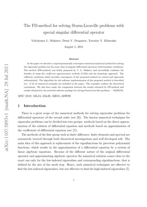 Pdf The Fd Method For Solving Sturm Liouville Problems With Special Singular Differential Operator