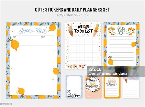 주간 및 일일 플래너의 컬렉션 메모 시트및 여름 그림과 문자와 목록을 할 수 있습니다 0명에 대한 스톡 벡터 아트 및 기타