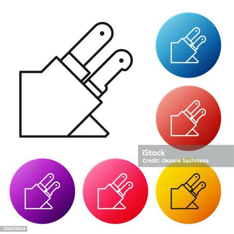흰색 배경에 격리 된 검은 색 선 칼 아이콘입니다 칼 기호입니다 아이콘 다채로운 원 버튼을 설정합니다 벡터 일러스트레이션 강철에 대한 스톡 벡터 아트 및 기타 이미지
