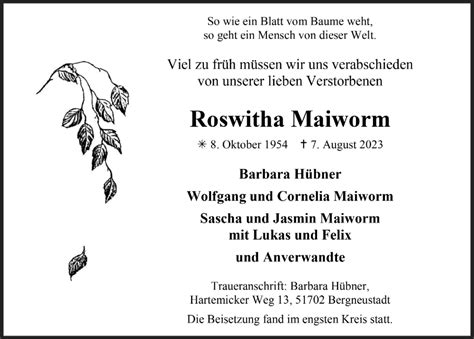 Traueranzeigen Von Roswitha Maiworm Wirtrauern