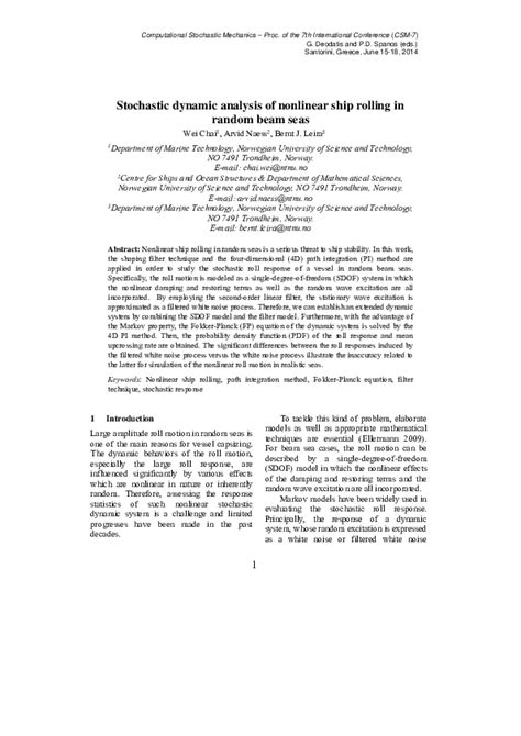 Pdf Stochastic Dynamic Analysis Of Nonlinear Ship Rolling In Random