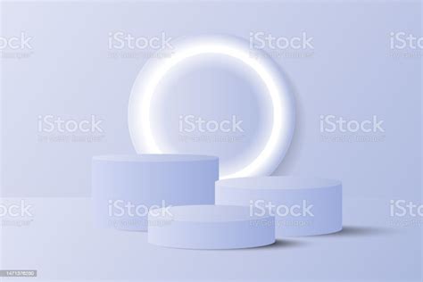 3d 실린더 모양 제품 디스플레이 연단은 밝은 파란색 보라색 배경과 밝은 원에 플랫폼을 설정합니다 제품 쇼케이스를 위한 최소한의 장면 Eps10 벡터 그림입니다 0명에 대한