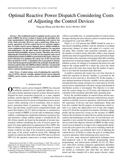 Pdf Optimal Reactive Power Dispatch Considering Costs Of Adjusting The Control Devices