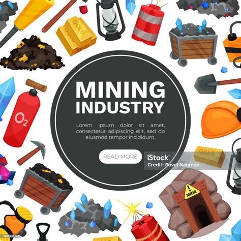 Mining Industry Banner Design With Minerals And Equipment Vector