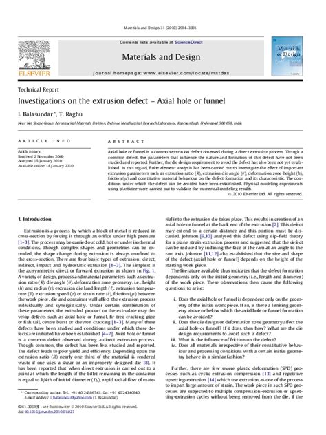 pdf investigations on the extrusion defect axial hole or funnel