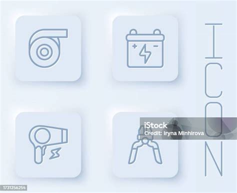 세트 라인 롤 접착 테이프 자동차 배터리 헤어 드라이어 및 펜치 도구 흰색 사각형 버튼입니다 벡터 갈고리 발톱에 대한 스톡 벡터 아트 및 기타 이미지 Istock