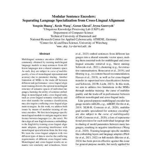 Modular Sentence Encoders Separating Language Specialization From Cross Lingual Alignment Acl