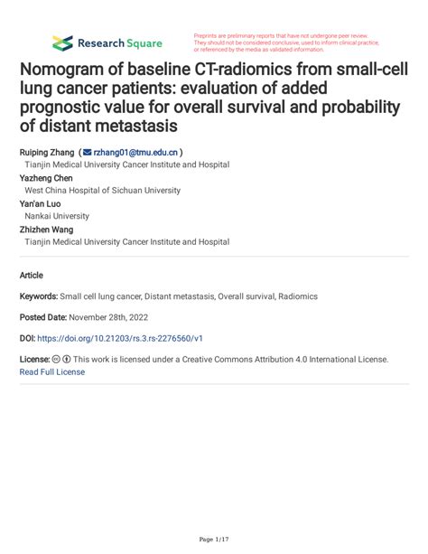 Pdf Nomogram Of Baseline Ct Radiomics From Small Cell Lung Cancer Patients Evaluation Of