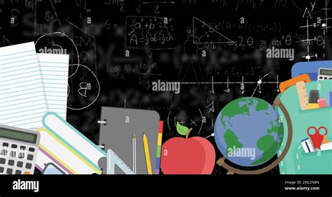 Digital Image Of School Concept Icons Moving Against Mathematical Equations On Black Background