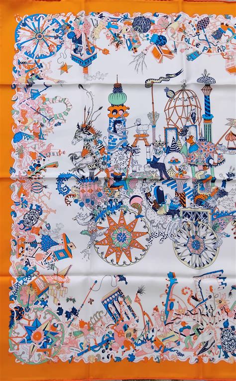 Hermès La Folle Parade Silk Scarf Claire Fanjul White Orange 89 Cm For