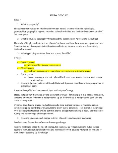 Study Guide Filled Out Up To Midterm STUDY GEOG Topic What Is Geography The Science