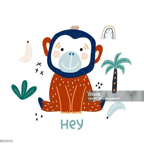 정글 요소와 귀여운 만화 원숭이 어린이는 보육원 어린이 의류 포스터 엽서를 인쇄합니다 벡터 일러스트레이션 귀여운에 대한 스톡 벡터 아트 및 기타 이미지 Istock