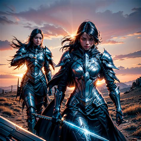 Two Women In Armor Walking Through A Field With Swords SeaArt AI