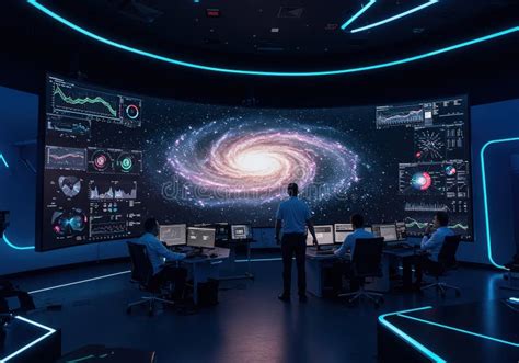 People In A Dark Room With A Large Screen Showing A Galaxy Image Stock Illustration