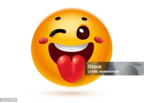 흰색 배경에 열린 입과 혀와 행복 한 노란색 색상 이모티콘의 벡터 일러스트 재미 윙크의 3d 스타일 디자인과 혀 이모티콘을 튀어