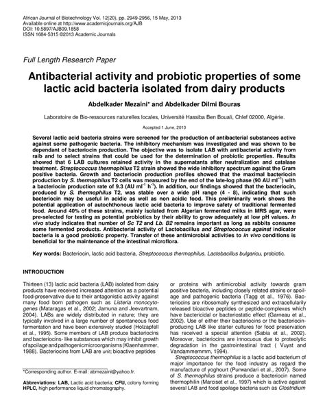 (PDF) Antibacterial activity and probiotic properties of some lactic acid bacteria isolated from ...