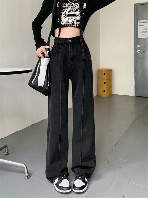 삼각형 옷장 미국 블랙 와이드 레그 청바지 여성용 새로운 하이 웨이스트 슬리밍 루즈 스트레이트 티몬