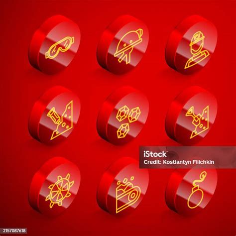 세트 라인 안전 고글 안경 광부 헬멧 건설 착암기 보석 돌 삽 및 버킷 휠 굴삭기 및 컨베이어 벨트 운반 석탄 아이콘 벡터 3차원 형태에 대한 스톡 벡터 아트 및 기타