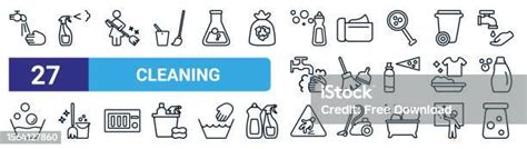 손 씻기 청소 스프레이 하우스 키핑 크림 스윕 청소 도구 젖은 바닥 방부제 벡터 아이콘 모바일 앱 웹 디자인과 같은 27 개의