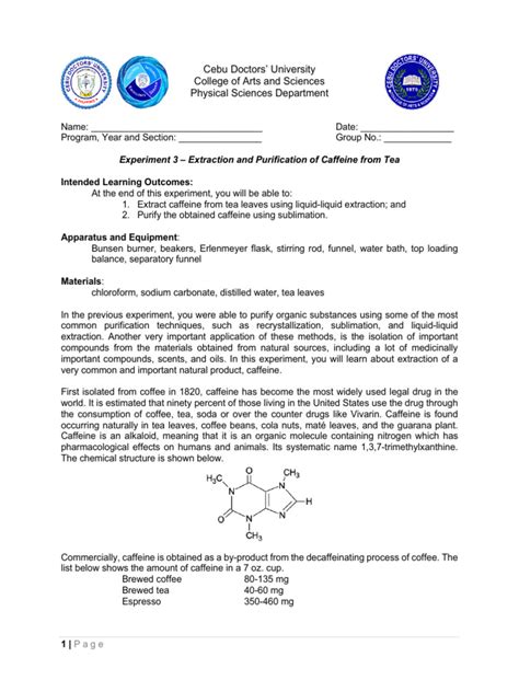 Experiment 3 Extraction And Purification Of Caffeine From Tea Pdf Caffeine Solubility