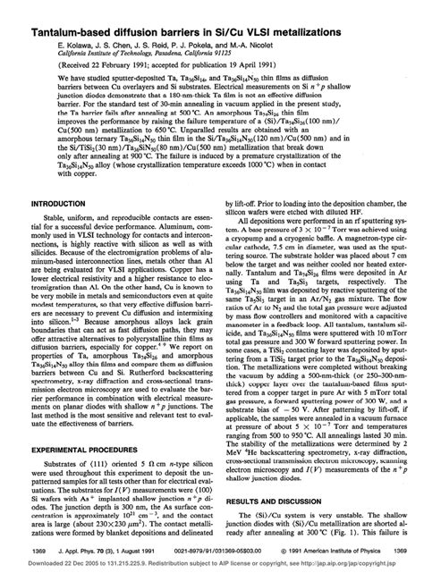 Pdf Tantalum‐based Diffusion Barriers In Sicu Vlsi Metallizations