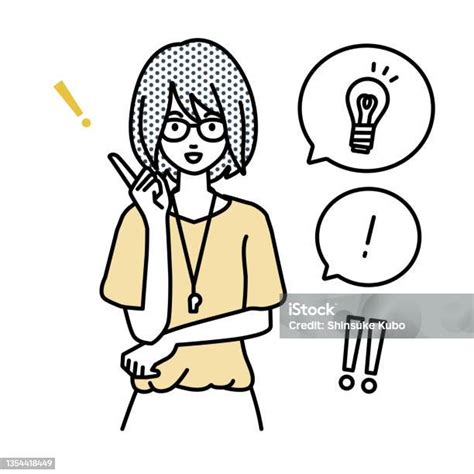 가리키는 손 제스처 전구와 느낌표 기호 세트와 서 좋은 아이디어를 받고 여자 교사 가리키기에 대한 스톡 벡터 아트 및 기타