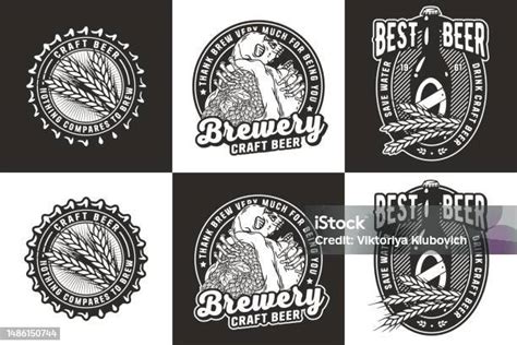 맥주 캡 캔 홉 스켈레톤 및 병이 있는 양조 엠블럼 또는 수제 맥주 로고의 맥주 세트 두개골 맥주 유리 및 바 펍 또는 양조장 상점을 위한 보리가 있는 라벨 또는 인쇄