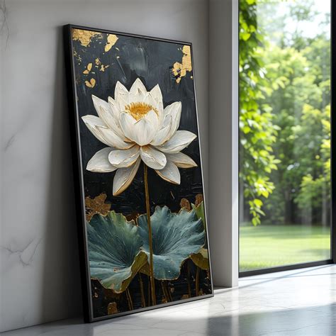 Elegant White Lotus Flower Canvas Gold Accent Wall Art Modern Floral