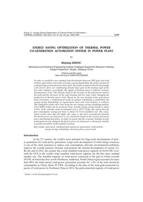 Pdf Energy Saving Optimization Of Thermal Power Co Generation