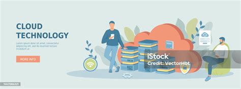 클라우드 기술 웹 호스팅 및 파일 저장 클라우드로 컴퓨터 데이터 전송 백업 인터넷 데이터 교환 기술 프로모션 웹 배너 사람 캐릭터가 있는 만화 벡터 그림 개념에 대한 스톡