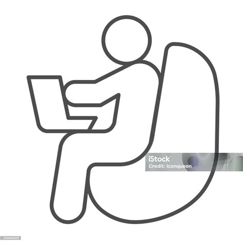 노트북과 의자를 가진 남자 얇은 선 아이콘 원격 작업 개념 벡터 그래픽입니다 흰색 배경에 쉬운 의자 기호에 앉아 있는 인간