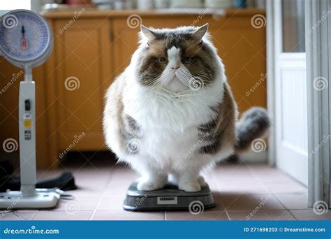 Very Fat Cat Is Weighed On The Scales Concept Of Overeating Obesity