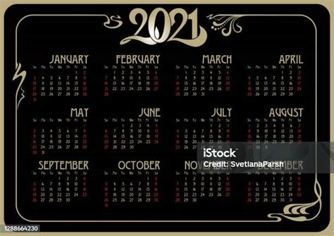 2021년 캘린더 레이아웃 블랙과 골든 컬러 장식 프레임 워크 아르 누보 스타일 번호 2021 주는 일요일에 시작됩니다 A4 A3 템플릿 0명에 대한 스톡 벡터 아트 및