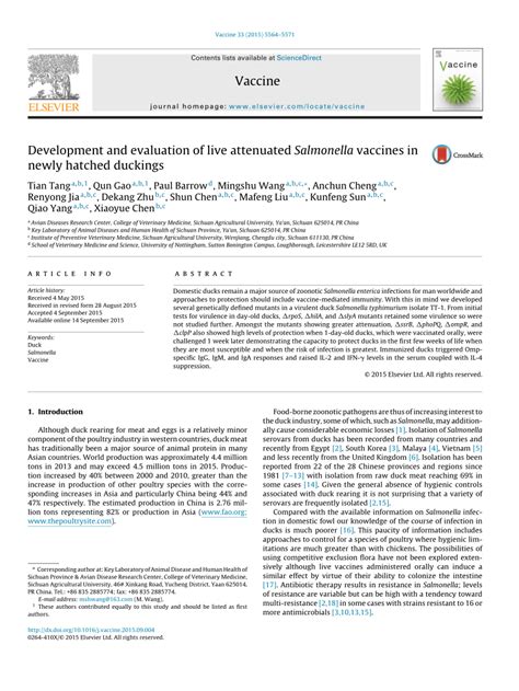Pdf Development And Evaluation Of Live Attenuated Salmonella Vaccines In Newly Hatched Duckings