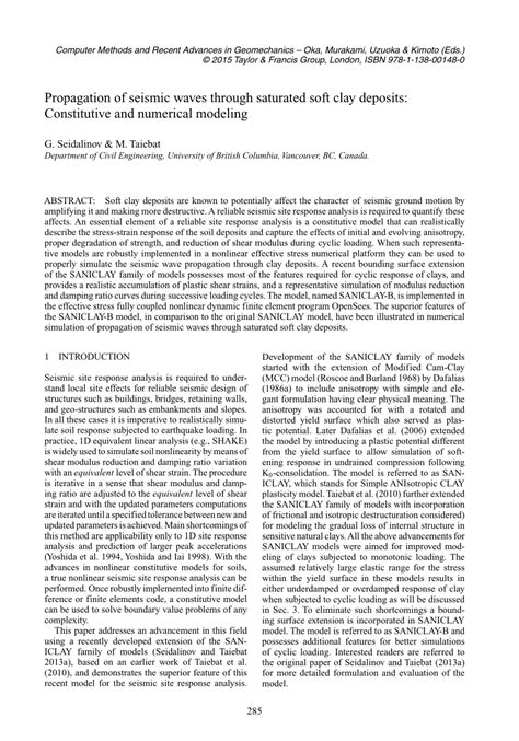 Pdf Propagation Of Seismic Waves Through Saturated Soft Clay Deposits Constitutive And
