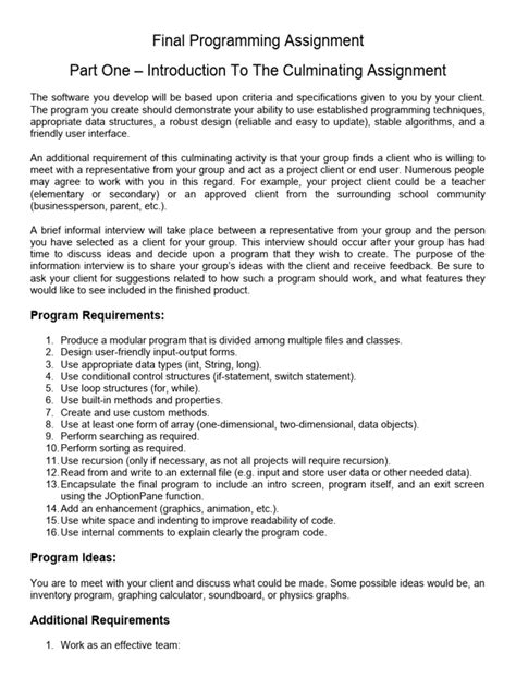 10 Culminating Task Final Programming Assignment Pdf Computer Program Programming
