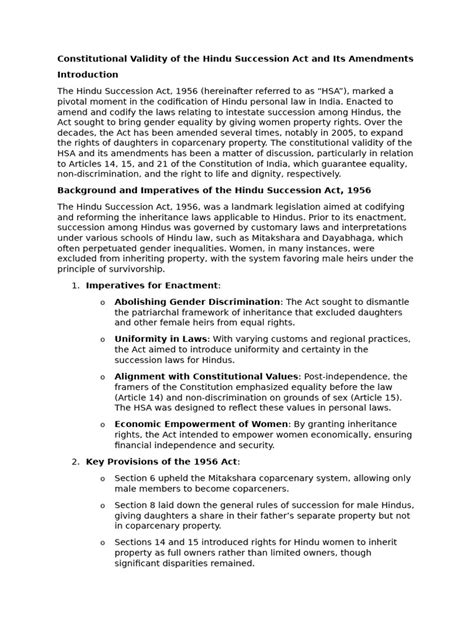 Constituional Validity Of Hsa And Its Amendment Pdf Inheritance