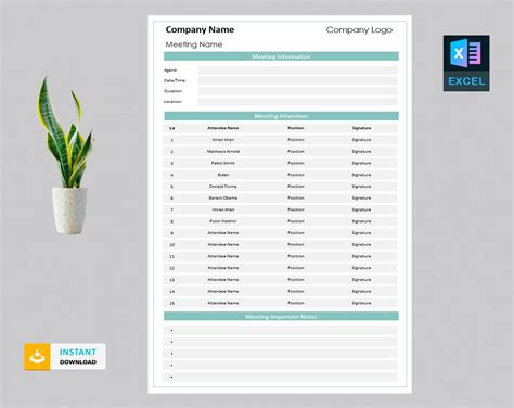 Printable Meeting Attendance Sheet Customizable Editable Template