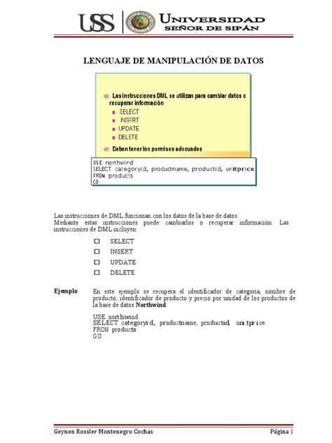 lenguaje de manipulación de datos ejemplo tabla base de datos