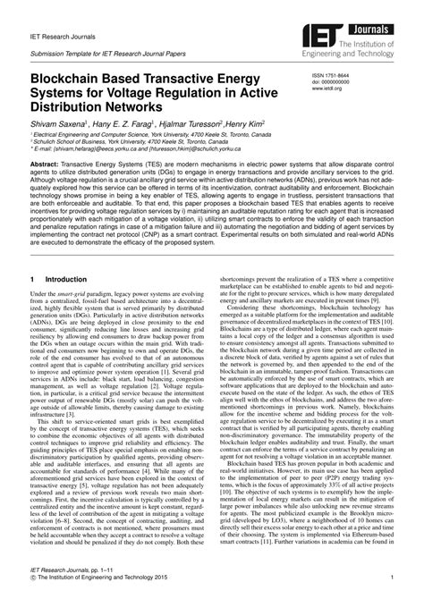 PDF Blockchain Based Transactive Energy Systems For Voltage Regulation In Active Distribution