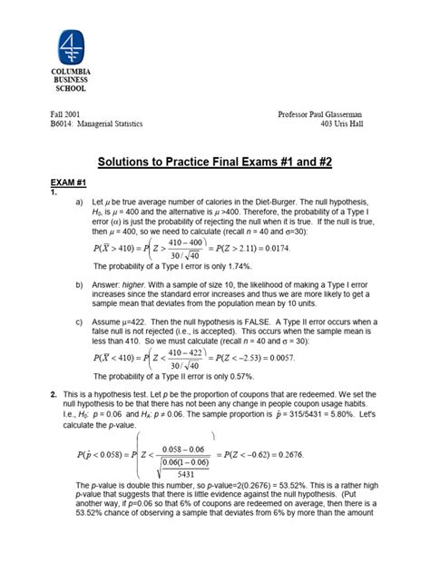 Practice Finals Solutions | PDF | Type I And Type Ii Errors | P Value