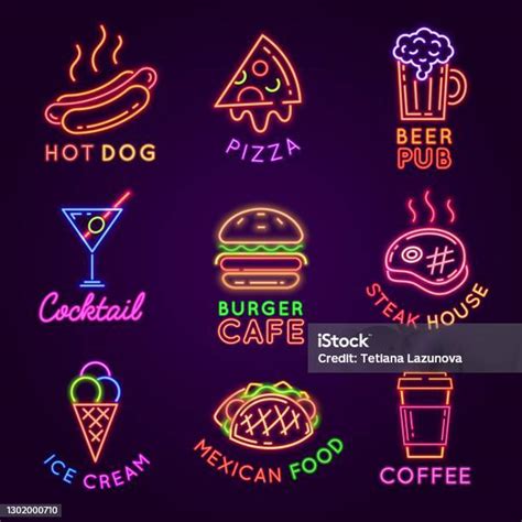 카페 네온 사인 음식과 음료 빛나는 빛 광고판 버거 앤 피자 레스토랑 맥주 펍 스테이크 하우스 및 커피 바 사인 벡터 세트 형광색의에 대한 스톡 벡터 아트 및 기타 이미지