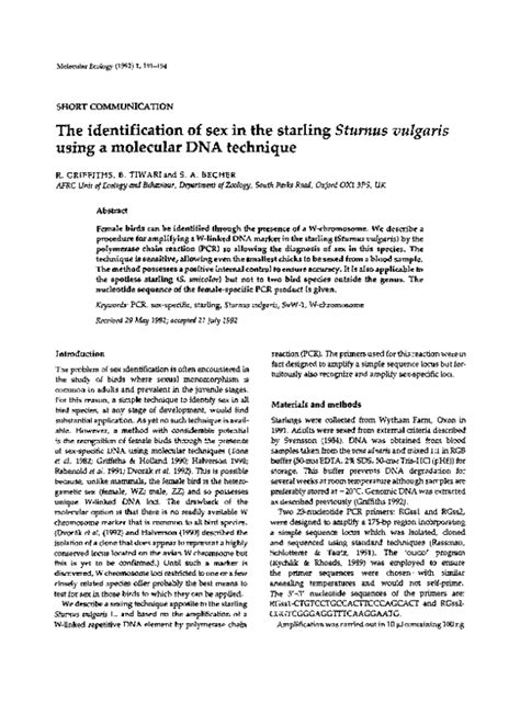 Pdf The Identification Of Sex In The Starling Sturnus Vulgaris Using