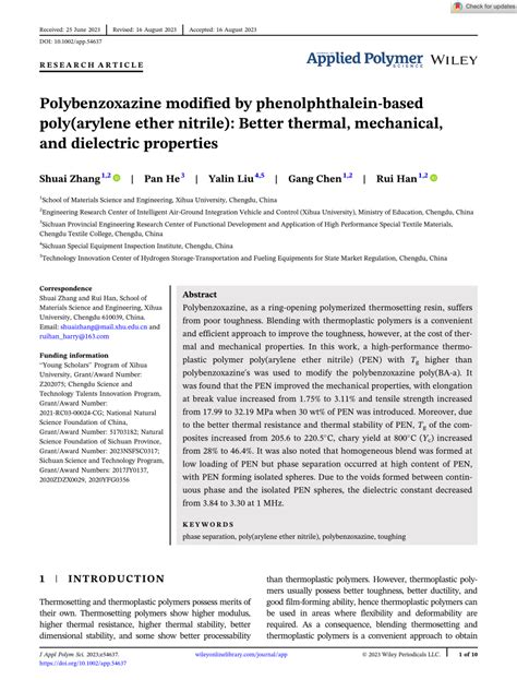 Pdf Polybenzoxazine Modified By Phenolphthalein Based Polyarylene